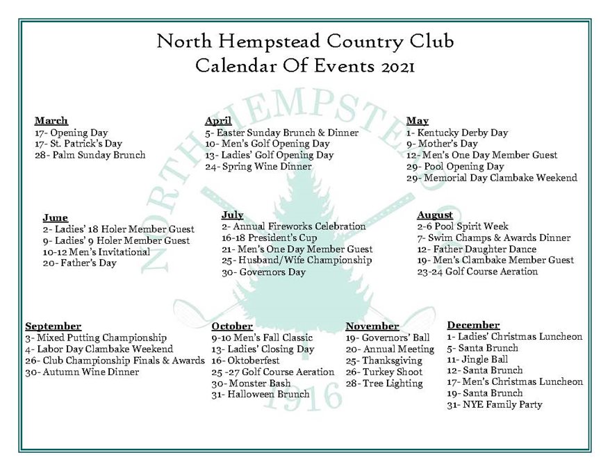 2021 Calendar Of Events - North Hempstead Country Club